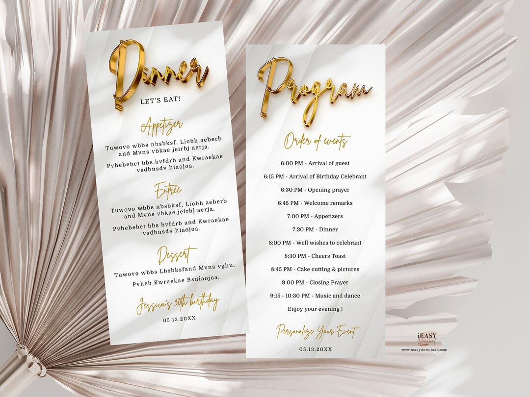 Gold Dinner Program Card Template: White Affair, Modern Birthday ...