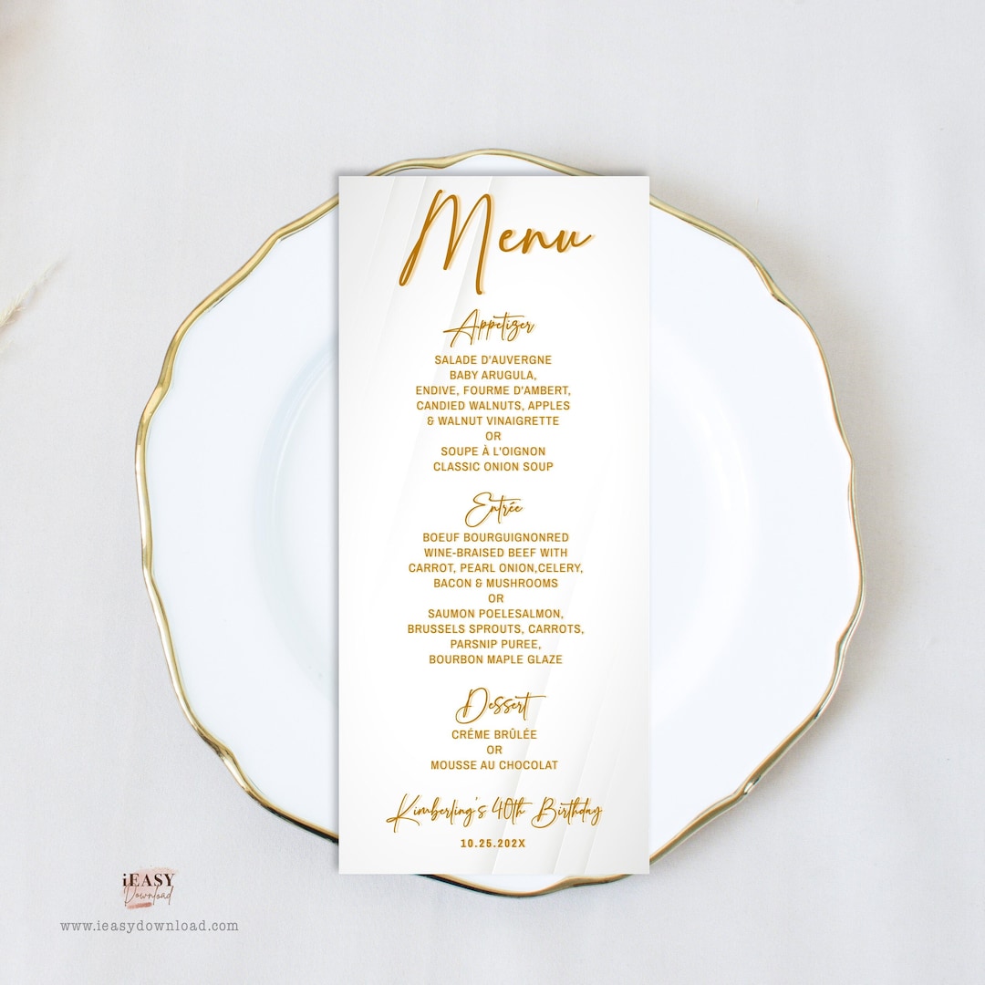 Editable Menu Card Template, All White Affair Gold Theme Party, Modern ...