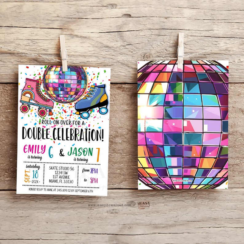 Editable Roller Disco Birthday Invitation Rainbow Confetti Sibling ...