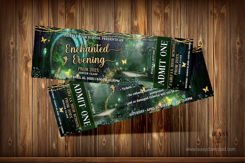 Enchanted Forest PROM Ticket Template Emerald Green Editable Template ...