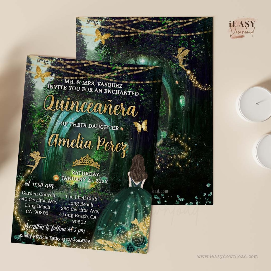 Editable Gold and Emerald Green, Enchanted Forest Quinceanera ...