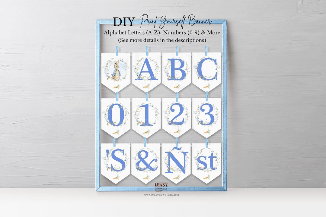 Printable Peter Rabbit Baby Shower Boy Banner, Alphabet Letters A-Z ...