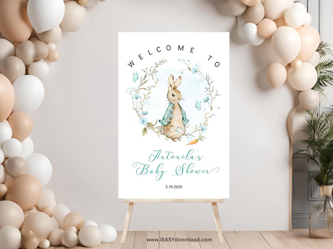 Editable Peter Rabbit Welcome Sign Baby Shower Baby, Mint Green Baby ...