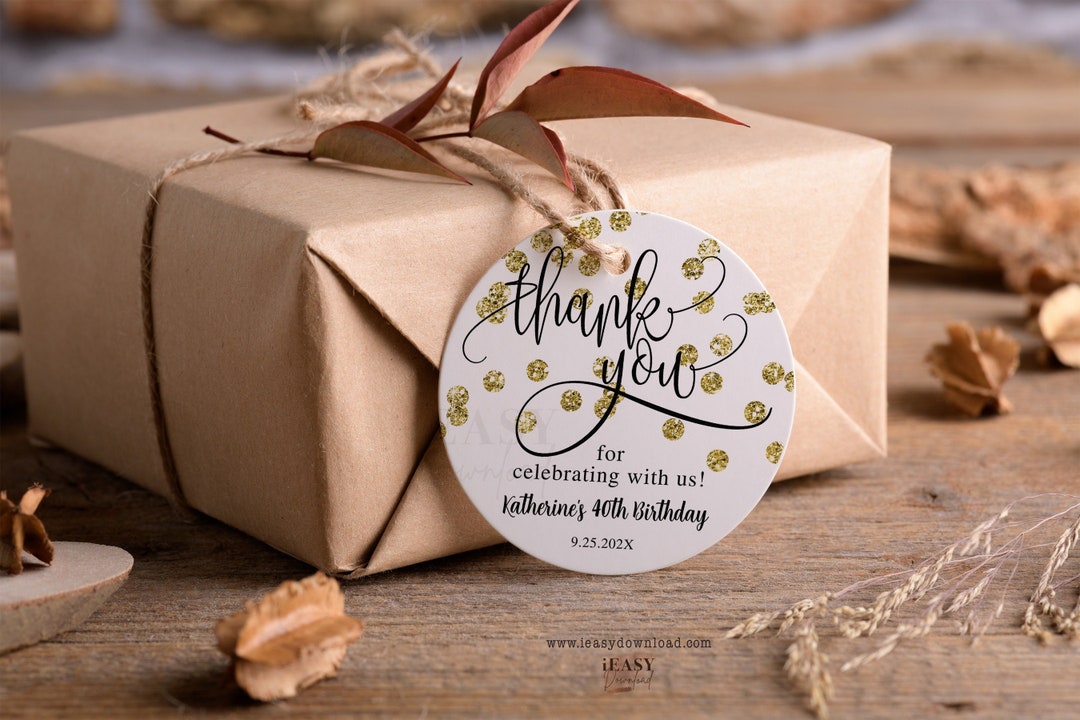 Editable Adult 60th Birthday Favor Tags, White and Gold Theme Thank You ...