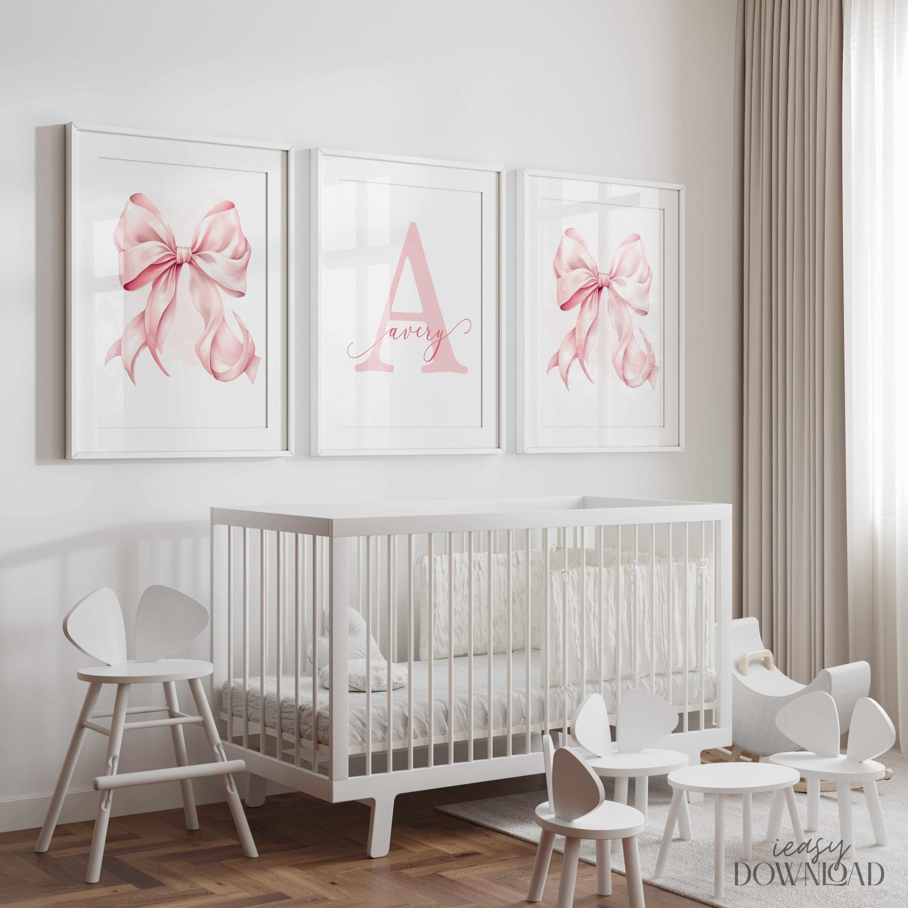 Pink Bow Art Set of 3 Custom Initial Name Prints for Coquette Nursery ...