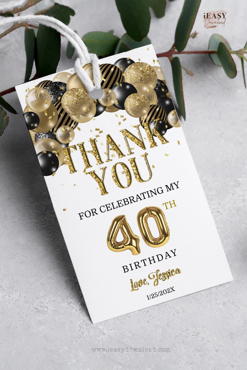 EDITABLE Gold Party for 40th Birthday Gift Tag Gold and Black - Etsy