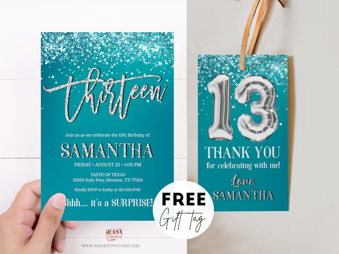 Teal Glitter 13th Birthday Invitation: Editable Template (free Favor ...