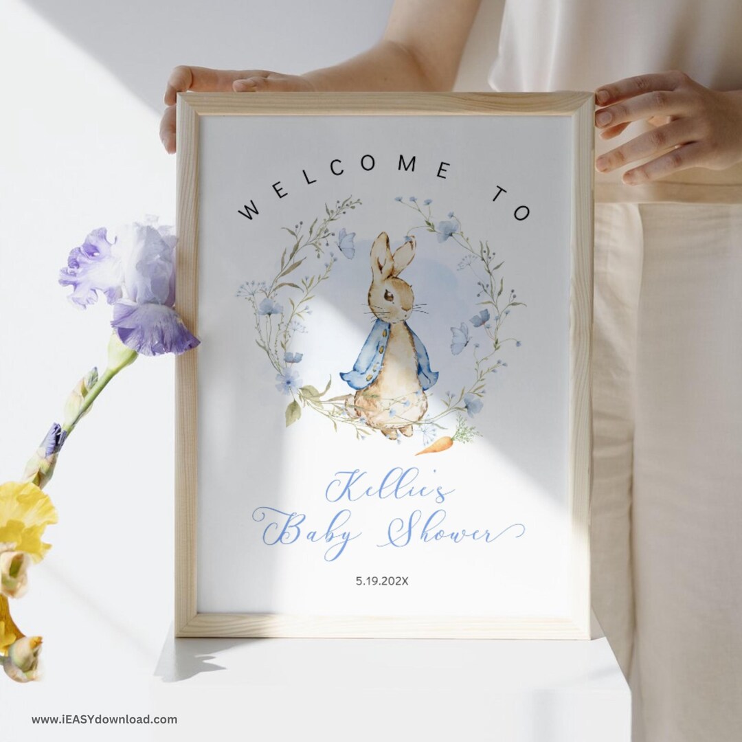 Editable Peter Rabbit Welcome Sign Baby Shower Baby Boy, Baby Boy Bunny ...