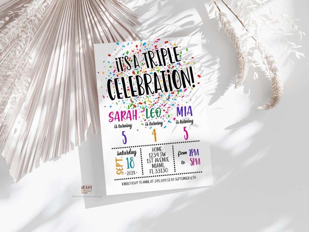 Triple Birthday Celebration, Sibling Birthday Invitations, Rainbow ...