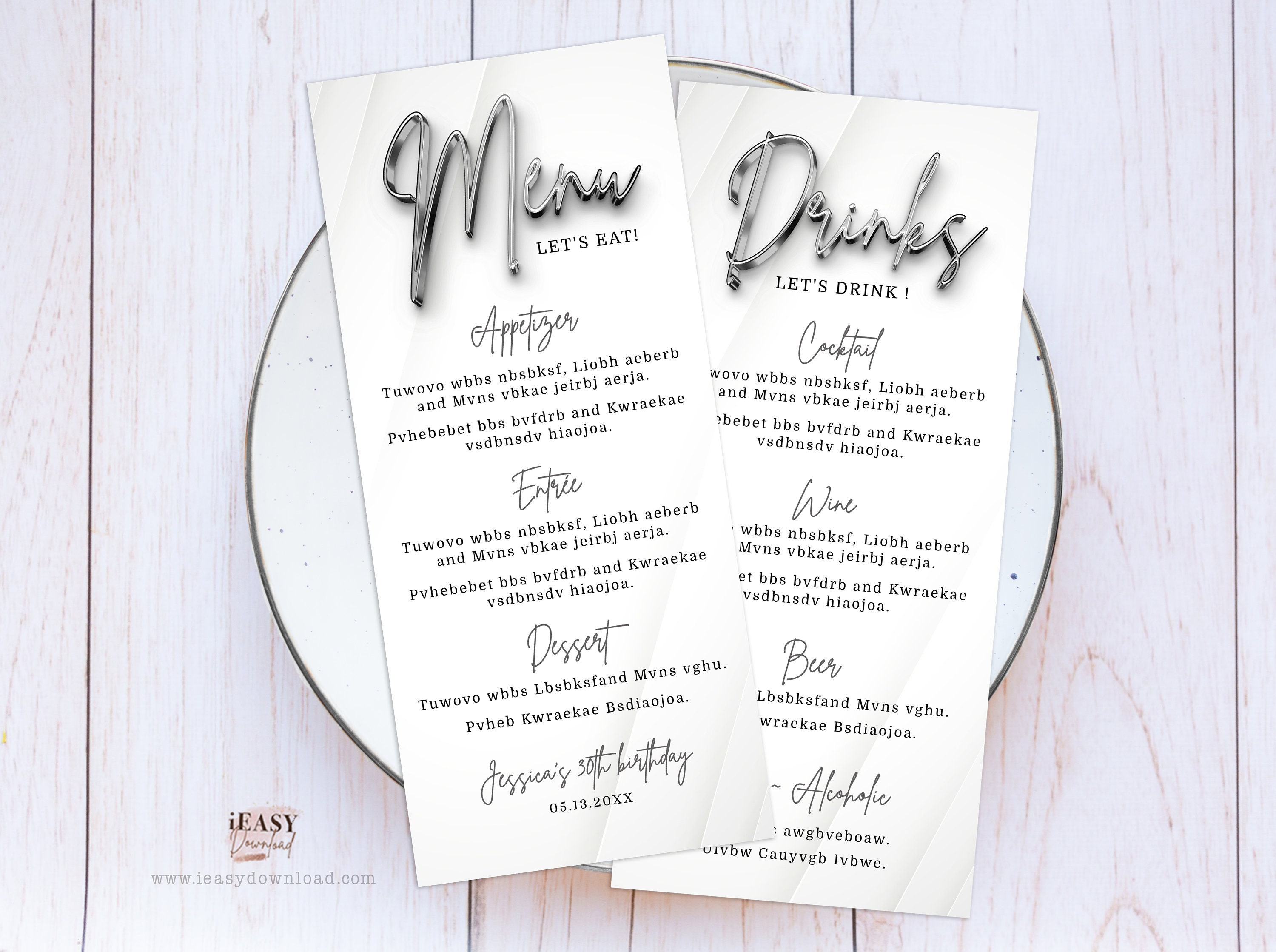 Editable Silver Menu & Drinks Card Template: White Affair (printable ...