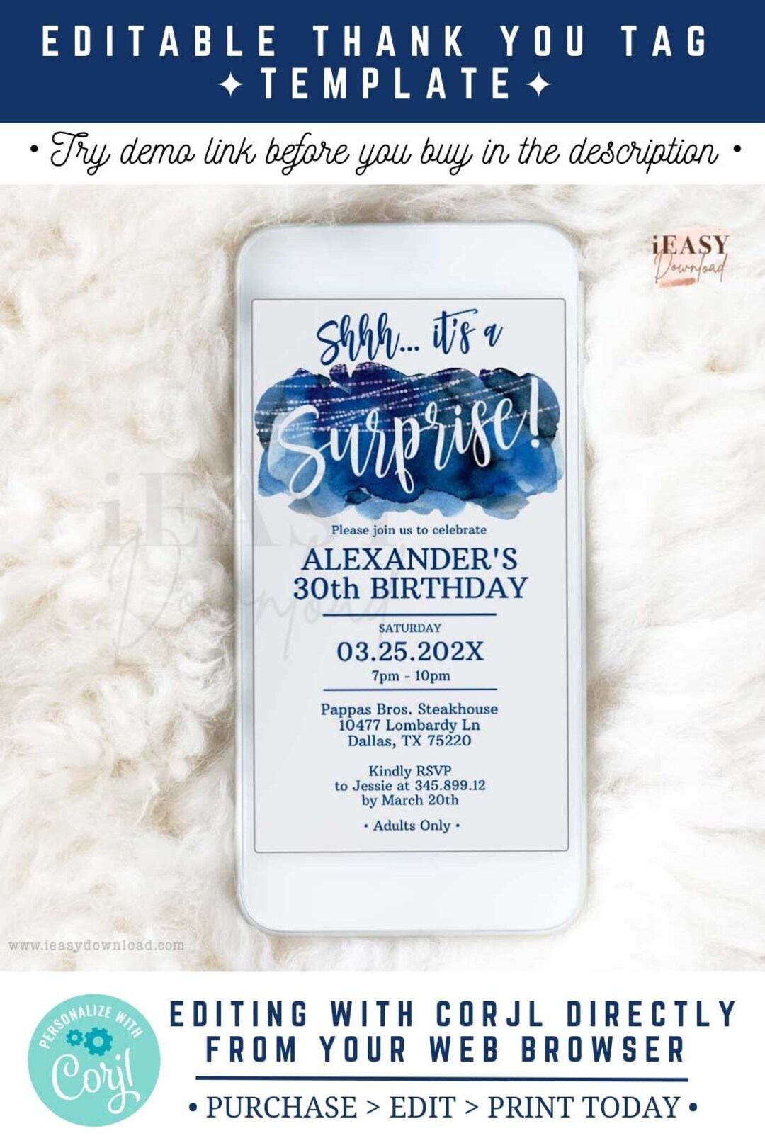 Surprise Adult Birthday Invitation Navy Birthday Invitation Template It ...