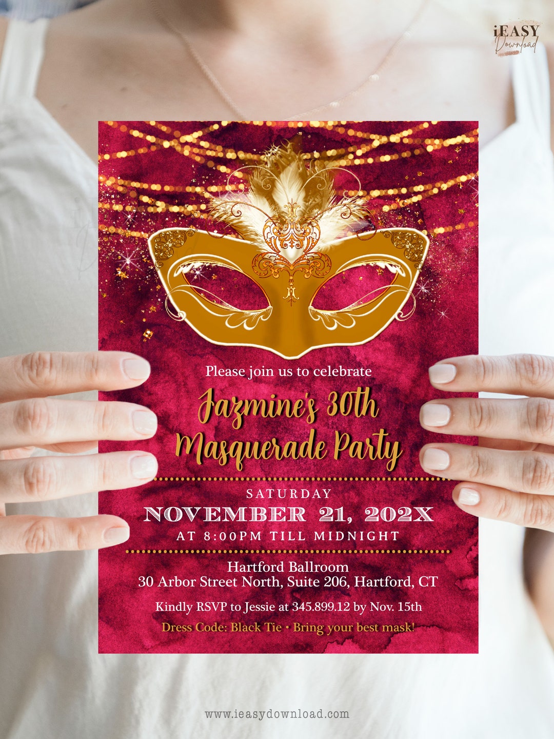Editable Masquerade Birthday Invitation: Gold Burgundy Watercolor ...