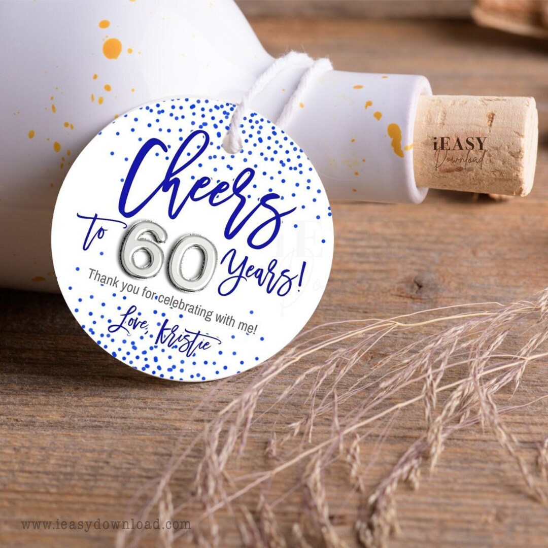 Navy Blue Confetti and Silver 60th Birthday Thank You Tag Cheers to 60 ...