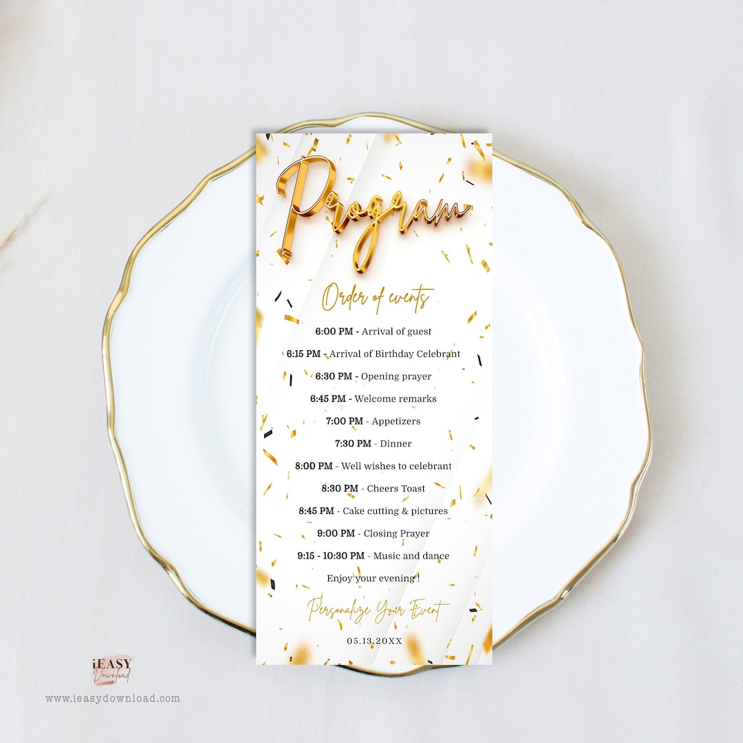 Gold Confetti Program Card Template: White Affair Party (printable ...