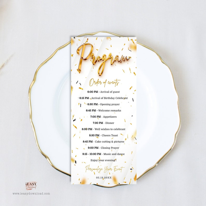 Gold Confetti Program Card Template: White Affair Party (printable ...