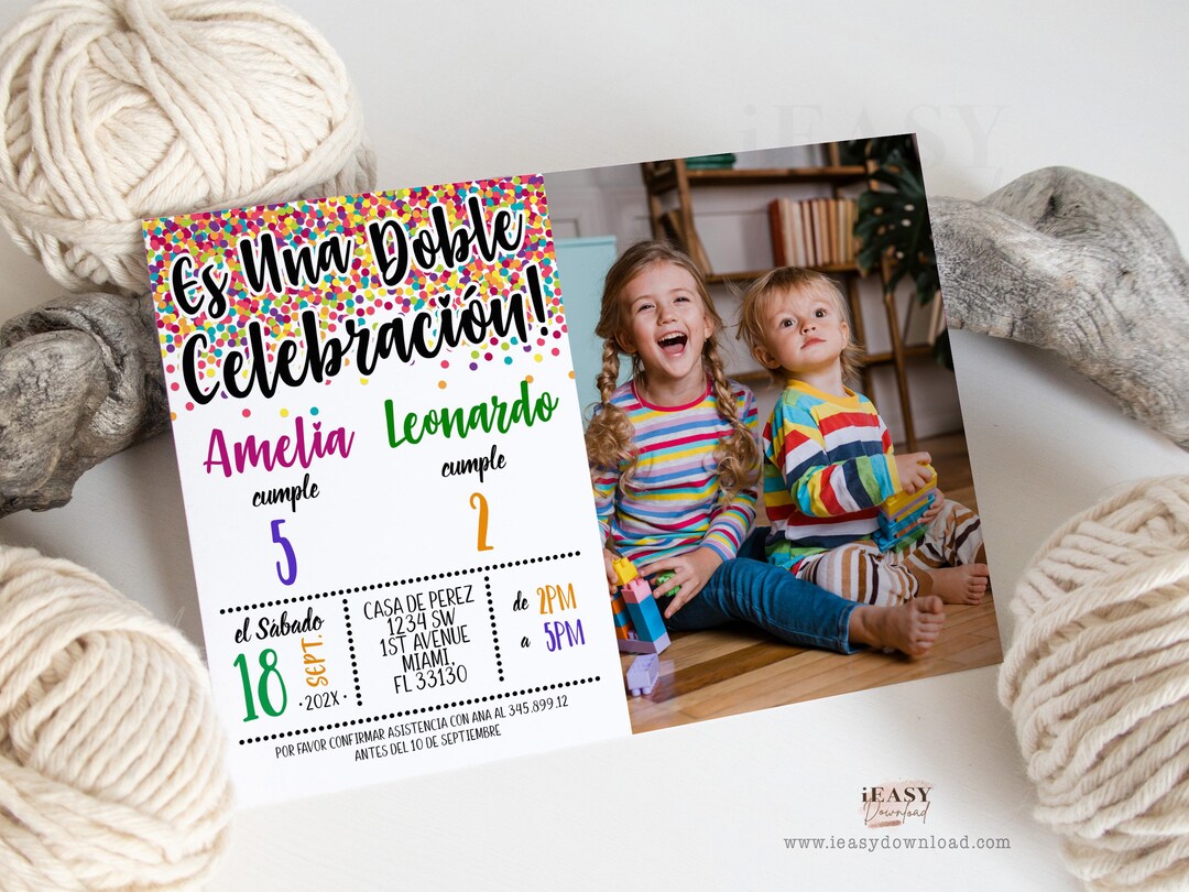 Editable Sibling Birthday Spanish Invitations Rainbow Confetti Digital ...