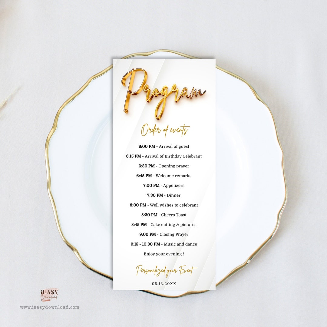 Editable Program Card Template, All White Affair Gold Theme Party ...