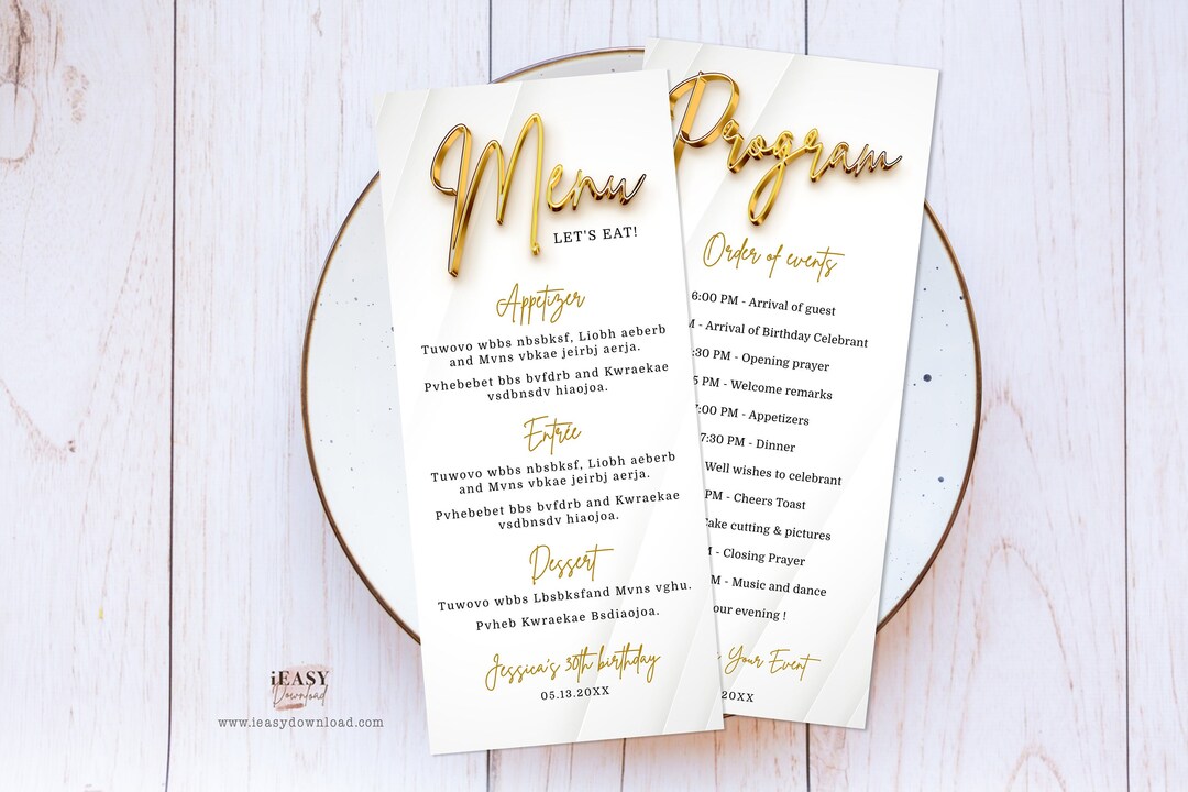 Gold & White Menu Program Template: Modern Birthday Party (printable ...