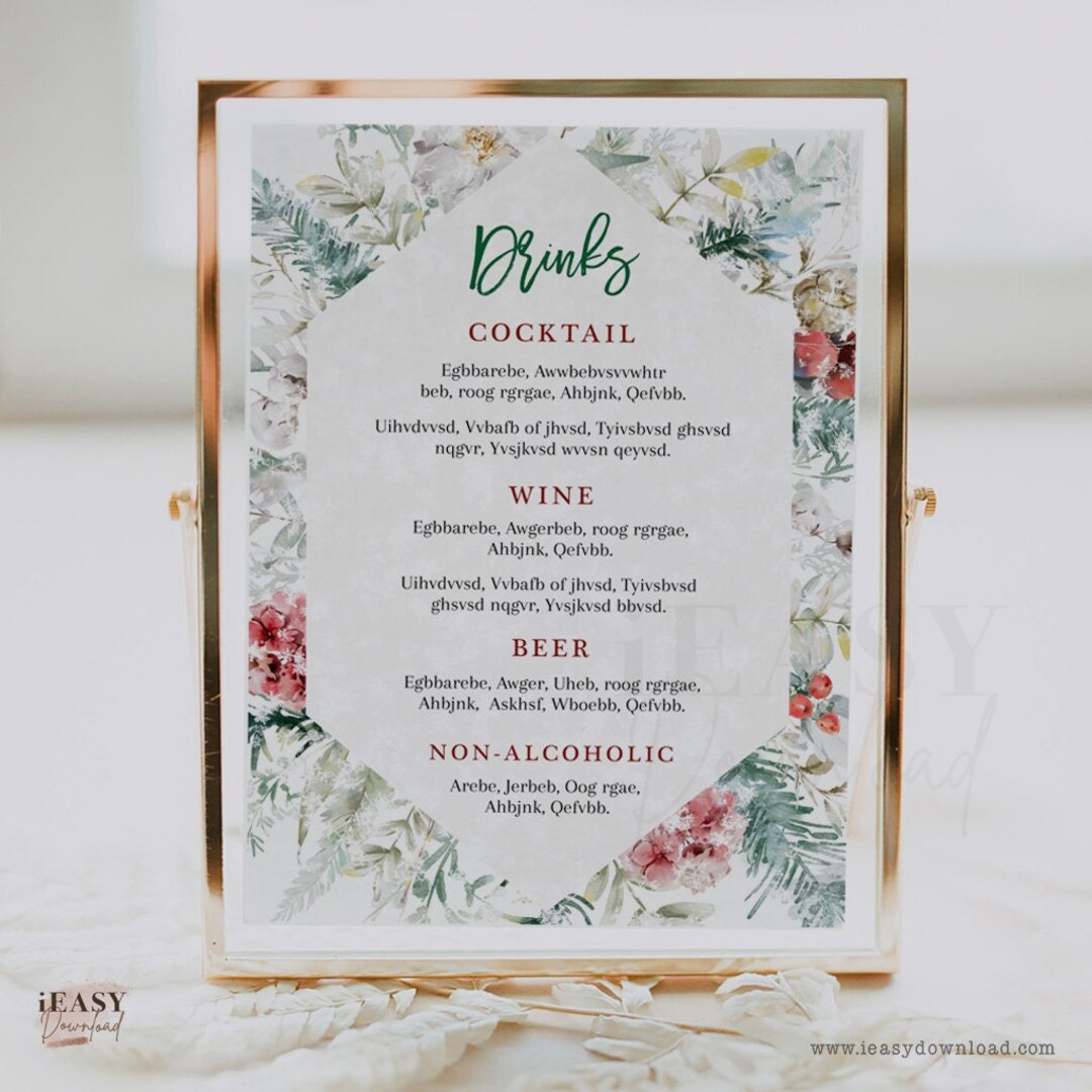 Editable Drink Menu Sign, Winter Floral Theme Party Table Sign ...