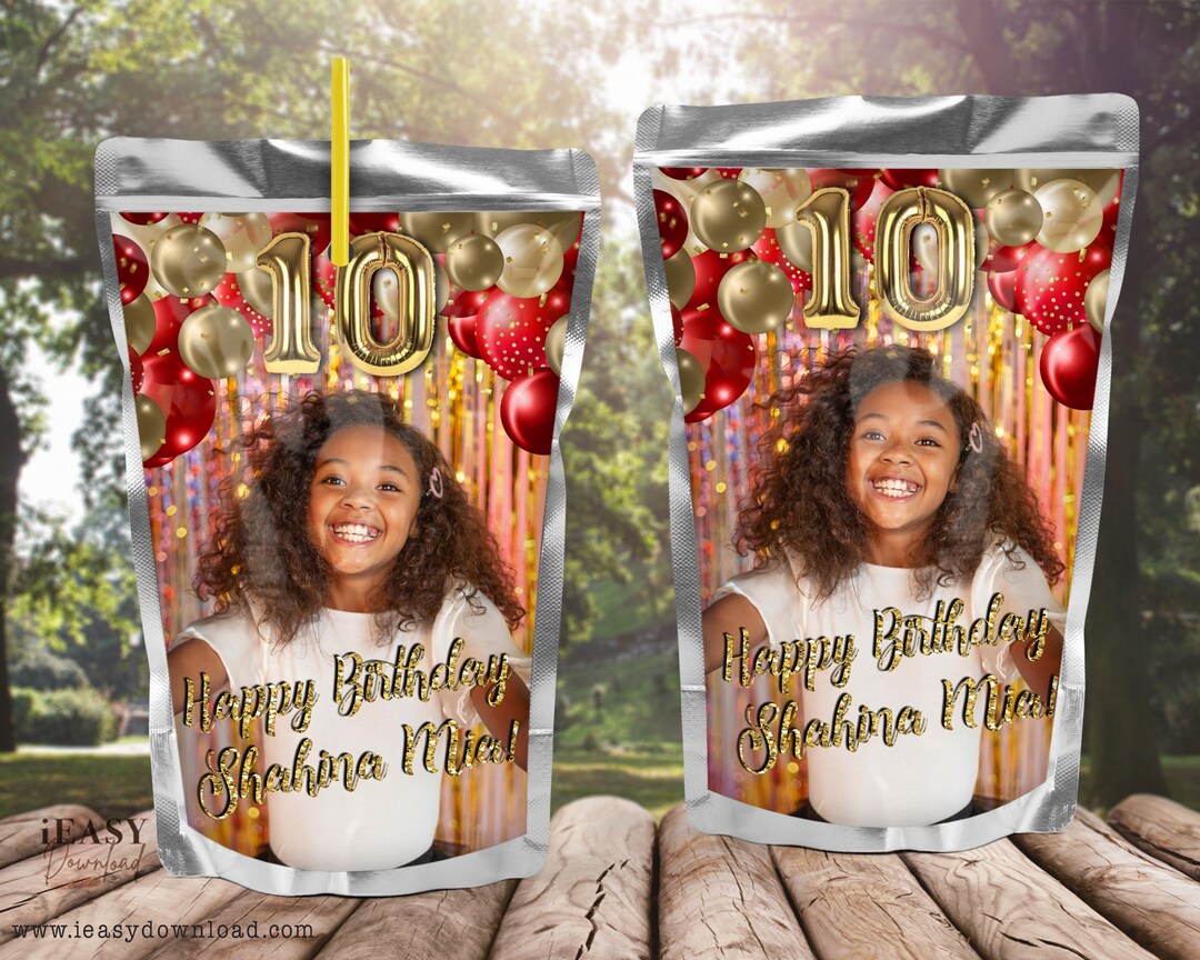 10th Birthday Juice Pouch Labels, Red and Gold Balloons, Kid Juice ...