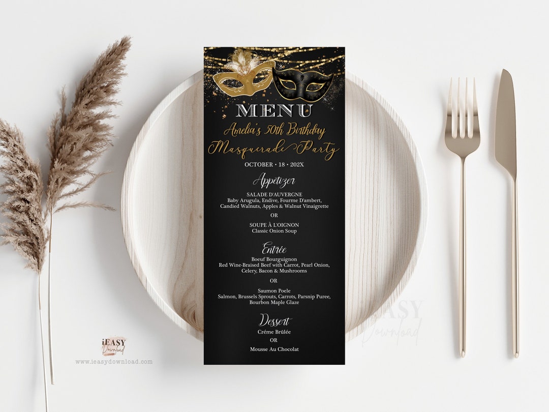 Gold Masquerade Menu Card: Editable Birthday Party Template - Etsy