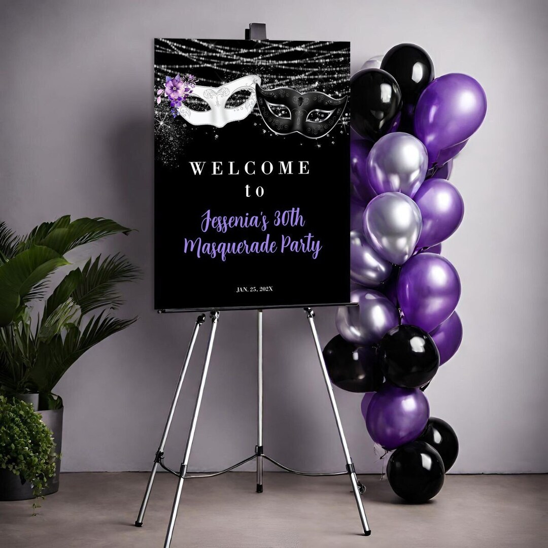 Masquerade Birthday Welcome Sign Black Silver Purple Mask Birthday ...