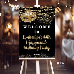 Personalized Masquerade Birthday Party Welcome Sign: Black and Gold ...