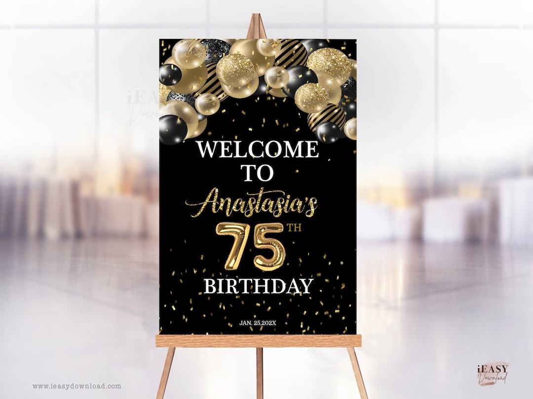 75th Birthday Welcome Sign Black and Gold Balloons Welcome - Etsy