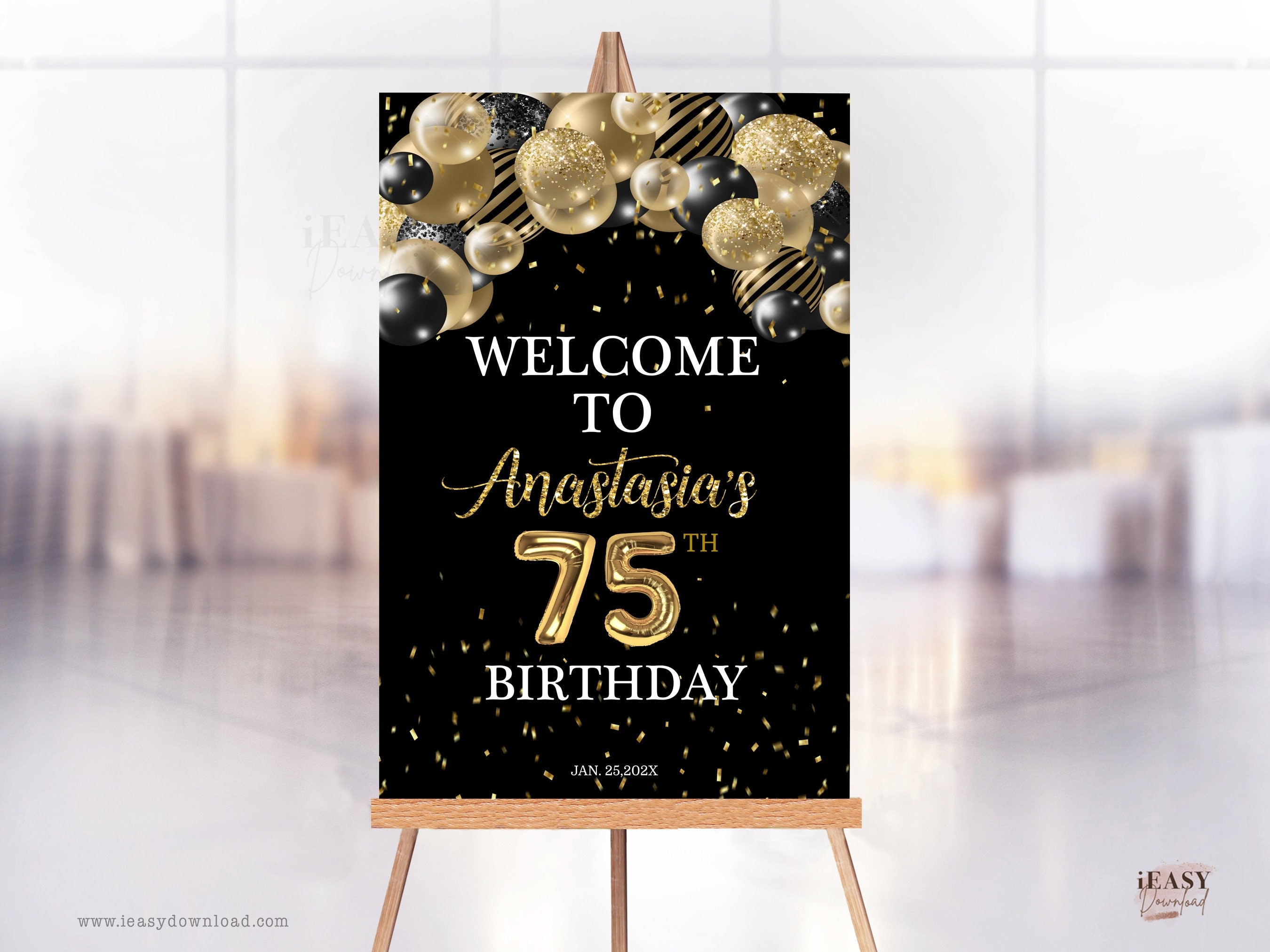 75th Birthday Welcome Sign Black and Gold Balloons DIY Corjl Template ...