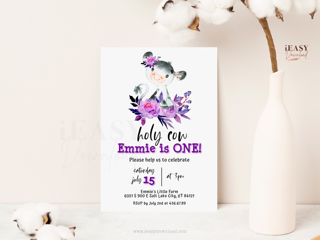 Cow First Birthday Invitation Girl, for Any Ages Cow Purple Farm ...