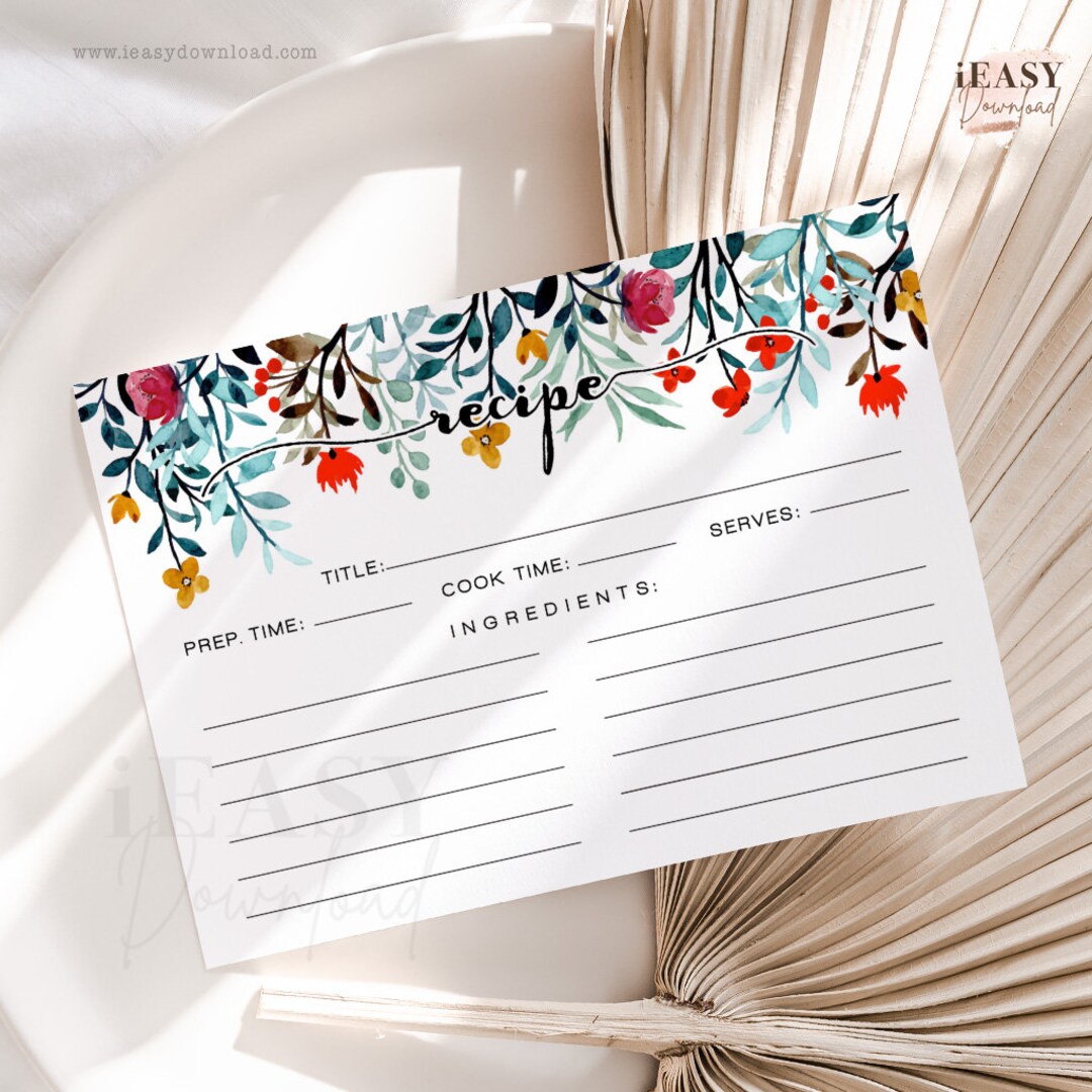 Watercolor Botanical Recipe Cards, Wildflowers Recipe Cards Printable ...