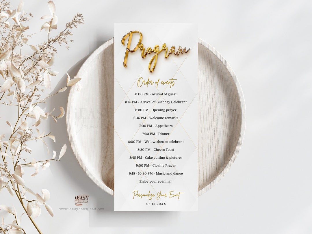 Editable Program Card Template Tufted White Modern Gold Background All ...