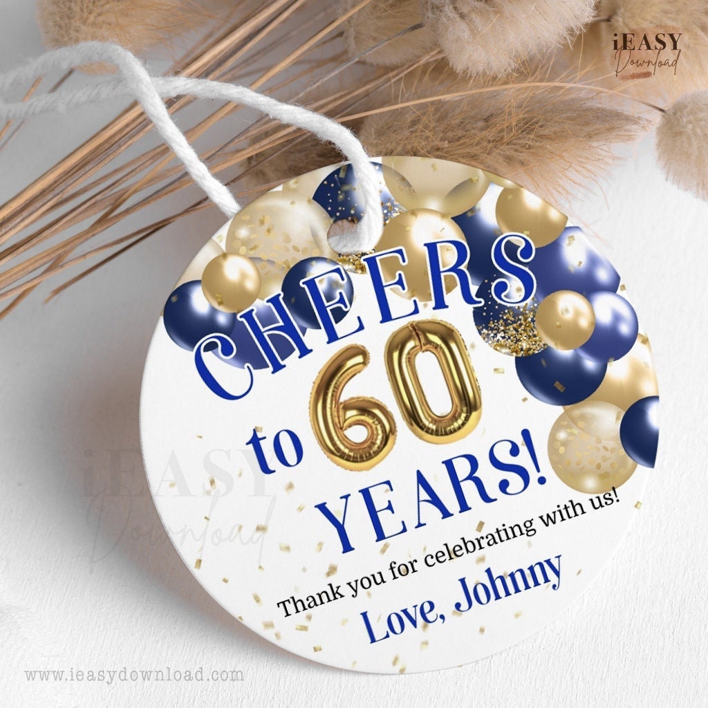 Editable 60th Birthday Gift Tags: Navy Blue and Gold (digital Download ...