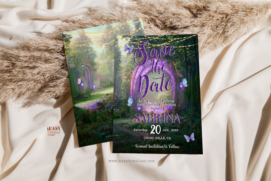 Editable Save the Date Sweet 16 Invitation, Enchanted Forest Purple ...
