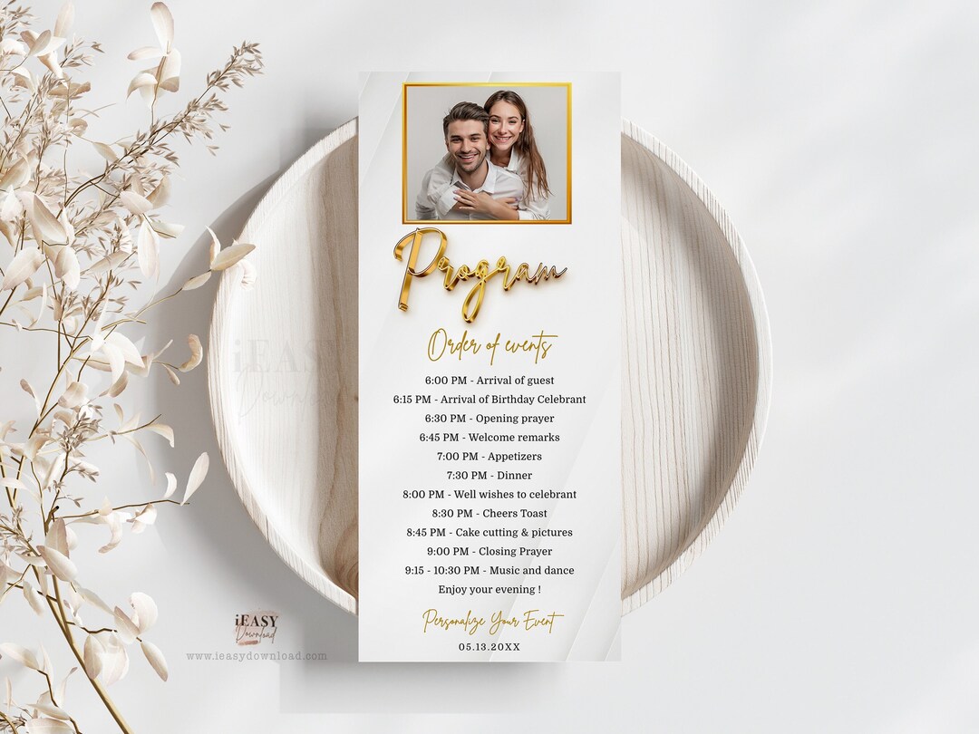 Editable Gold Birthday Program Card Template Digital Download - Etsy