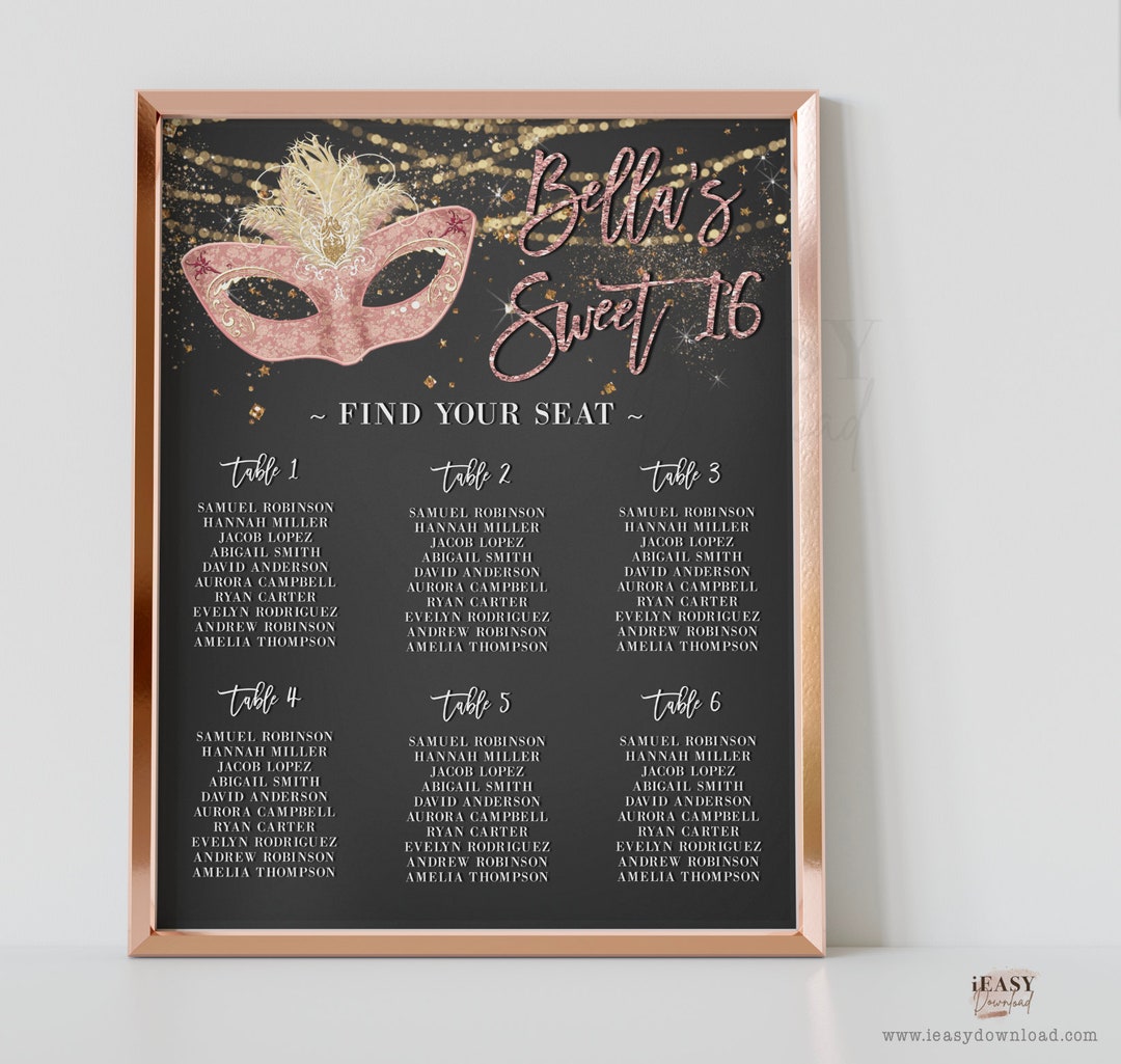 Blush Pink Gold Masquerade Seating Chart Template (60 Guests) (digital ...