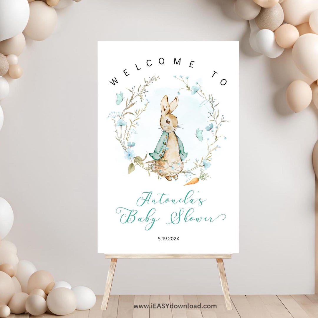 Editable Peter Rabbit Welcome Sign Baby Shower Baby, Mint Green Baby ...