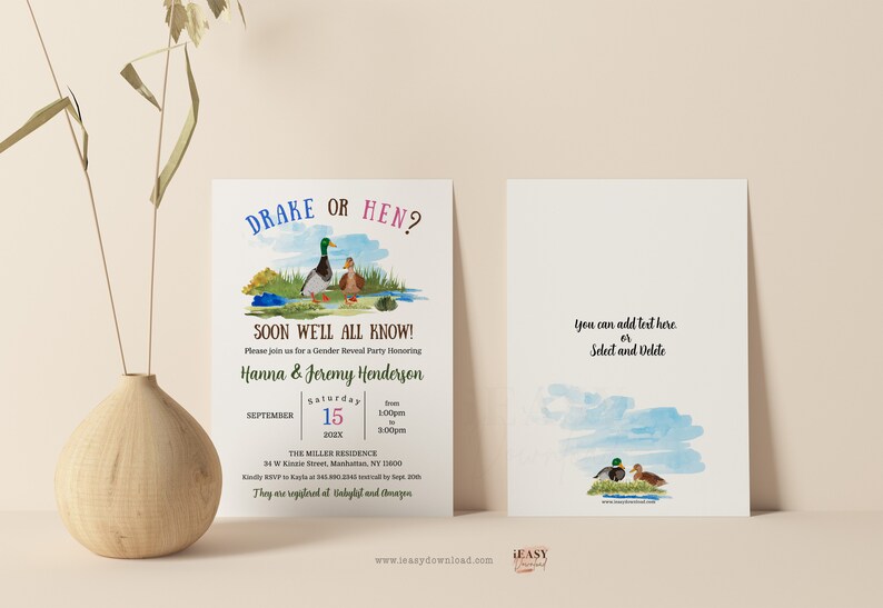 Duck Gender Reveal Invitation, Drake or Hen Theme (self-editing ...
