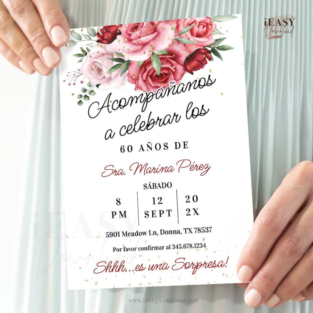 Floral Red Roses Spanish Birthday Invitation Party 60 Años Cumpleaños ...