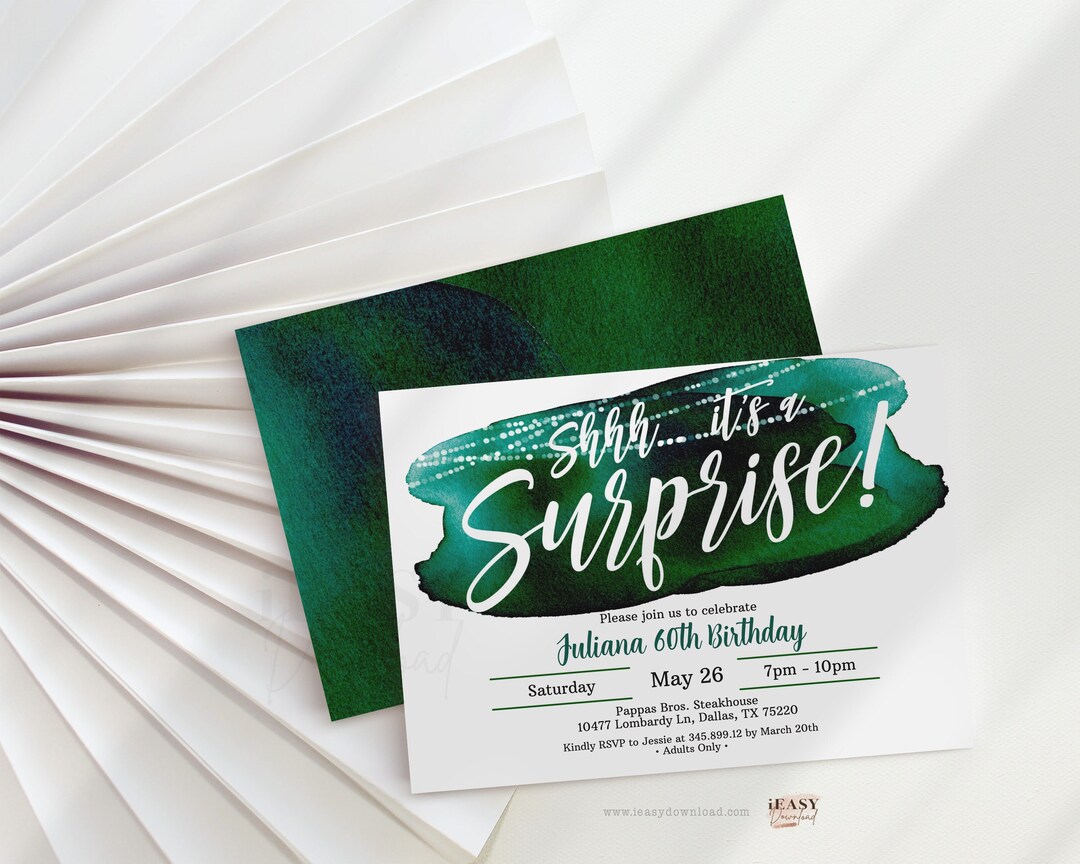 Editable Emerald Green Surprise Birthday Invitation, 60th Adult ...