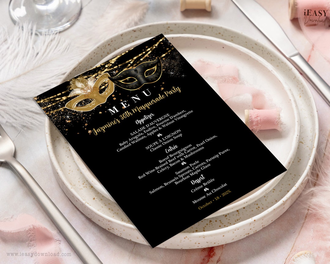 Editable Masquerade Menu Card: Gold & Black Carnival Theme (4x9, 5x7 ...