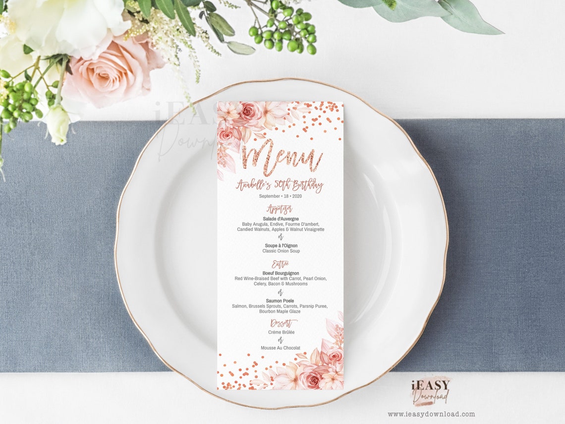 Editable Menu Card Template Pink Floral With Rose Gold - Etsy