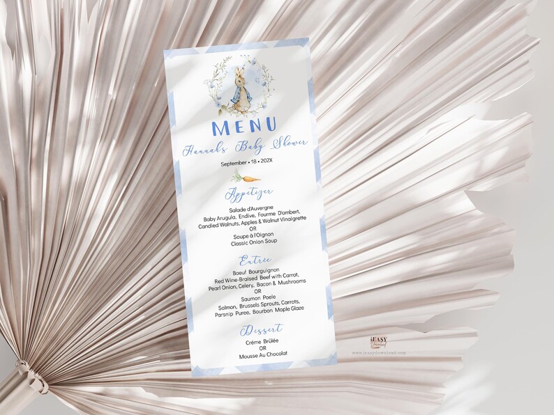 Peter Rabbit Baby Shower Menu Card, Boy, Editable Template (4x9 ...