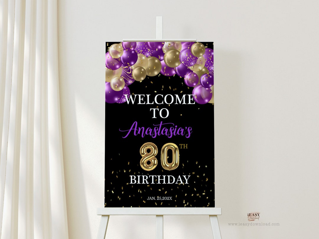 Purple and Gold 80th Birthday Welcome Sign (DIY Editable Template) - Etsy