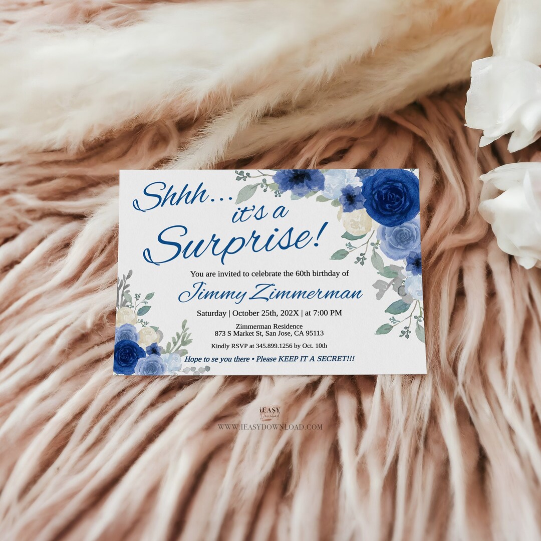 Blue Roses Surprise Birthday Invitation Template (editable) - Etsy