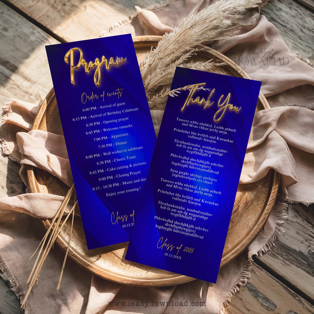 Royal Blue Reunion Program Template: Gold Accents, Double Sided (edit on Canva) - Etsy
