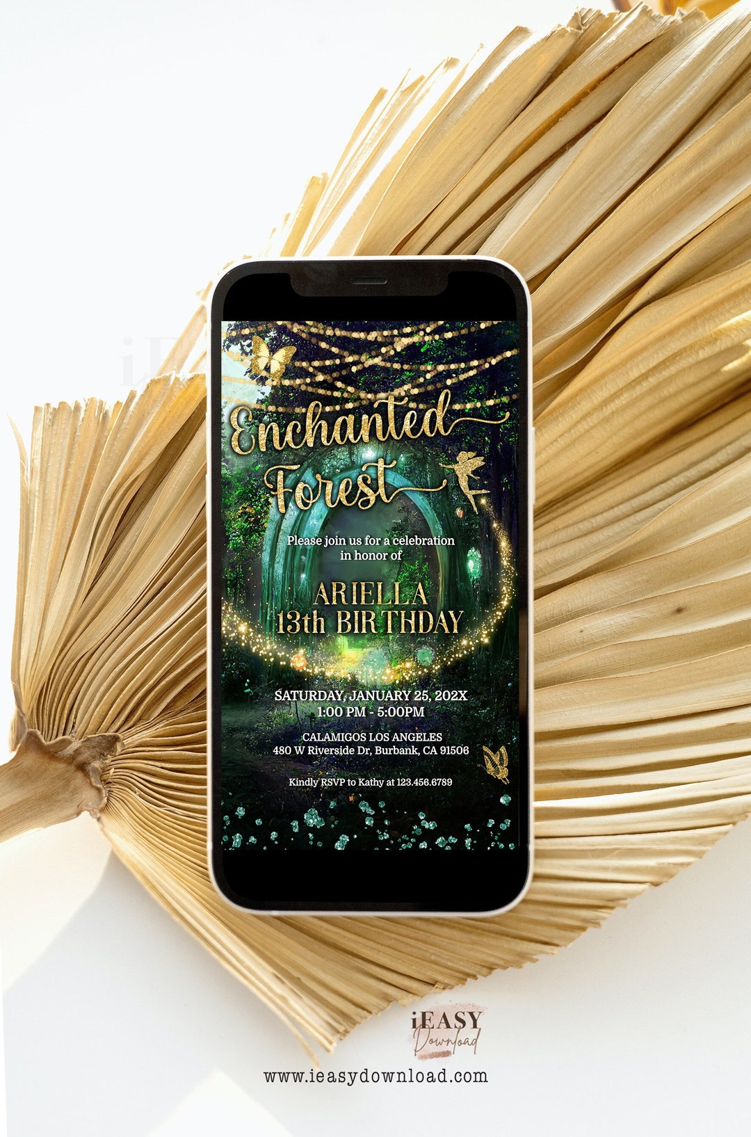 Editable Enchanted Forest 13th Birthday Evite, SMS Phone Invite Gold ...