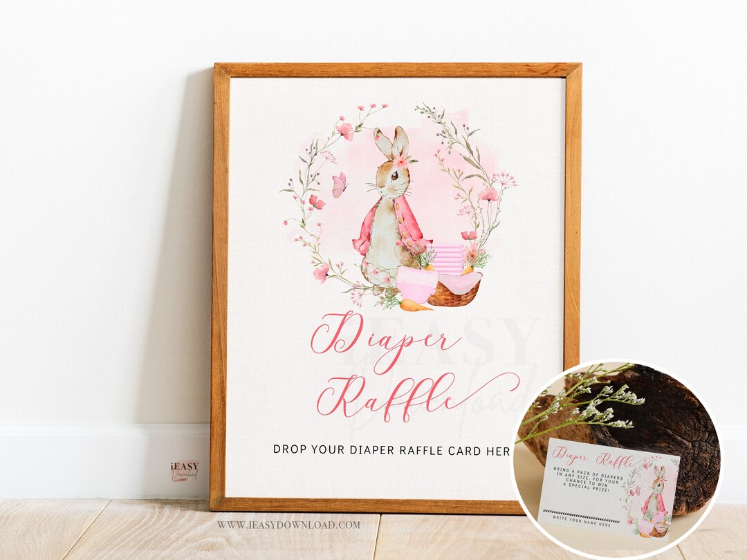 Diaper Raffle Game Sign Peter Rabbit Girl Baby Shower Game Printable Sign and Ticket, Diaper ...