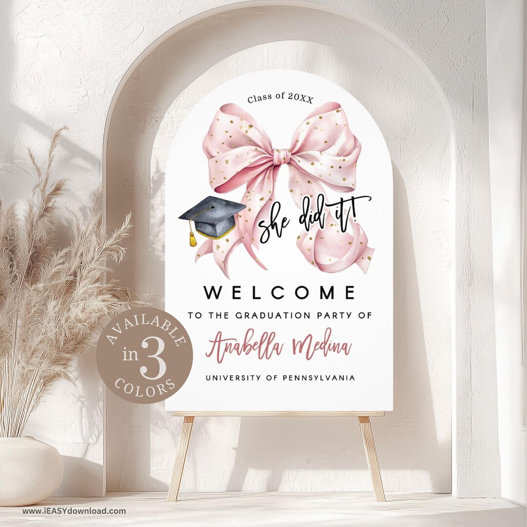 Coquette Bow Pink and Gold Glitter Graduation Arch Welcome Sign ...