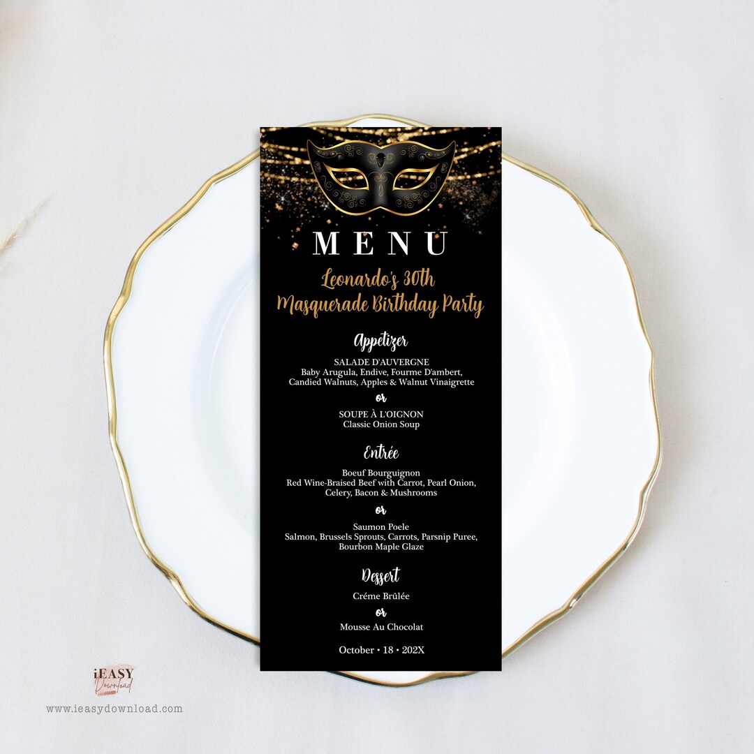 Gold Masquerade Menu Card: Black Carnival Party (editable, Printable ...